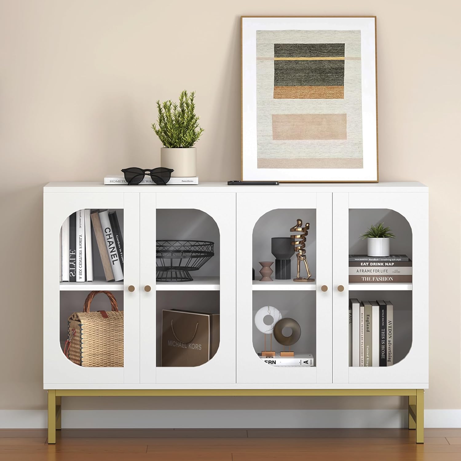 Sideboard Buffet Cabinet with Storage 55" Modern White Cabinet Glass ...