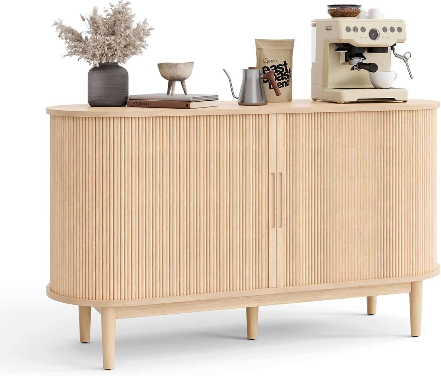 Sideboard Buffet Cabinet with Storage, 55" Fluted Coffee Bar Cabinet with Tambour Sliding Doors ...