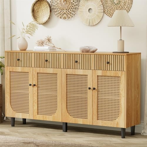 Sideboard Buffet Cabinet with Storage, 63'' Large Boho Rattan ...