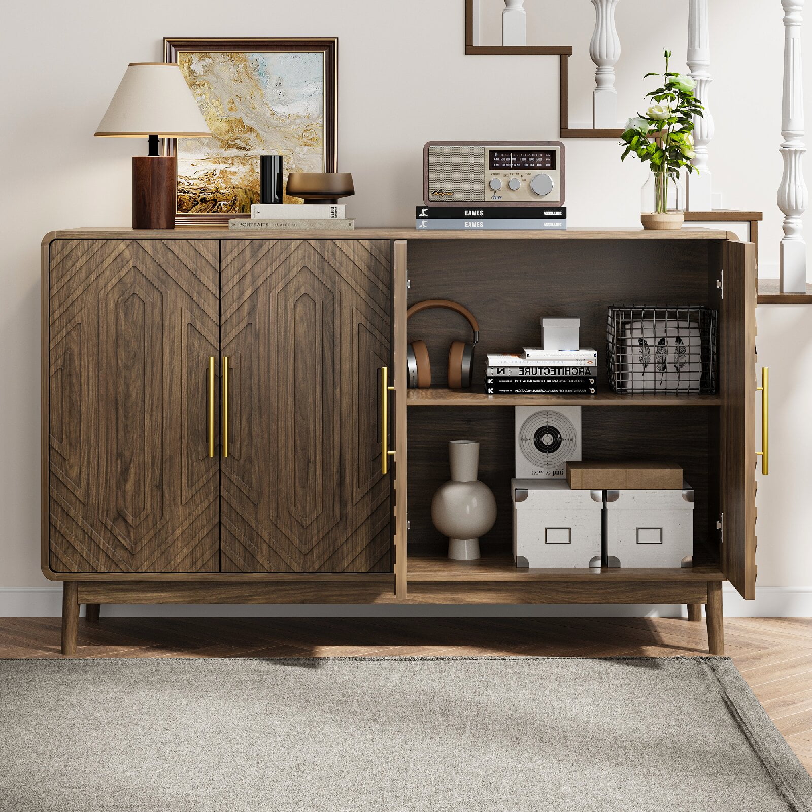 Sideboard Buffet Cabinet With Storage, Carved 4 Door Sideboard ...