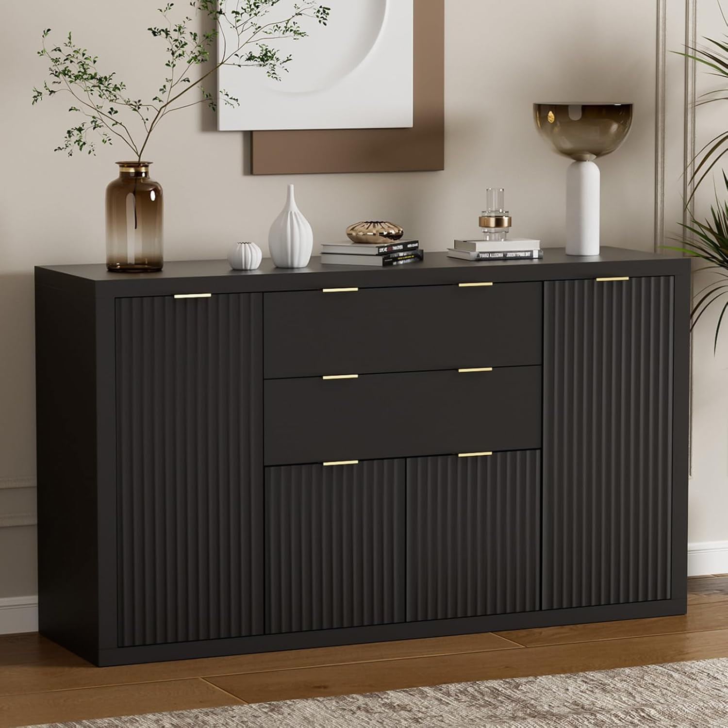 Sideboard Buffet Cabinet with Storage, Fluted Buffet Table with 4 Doors ...