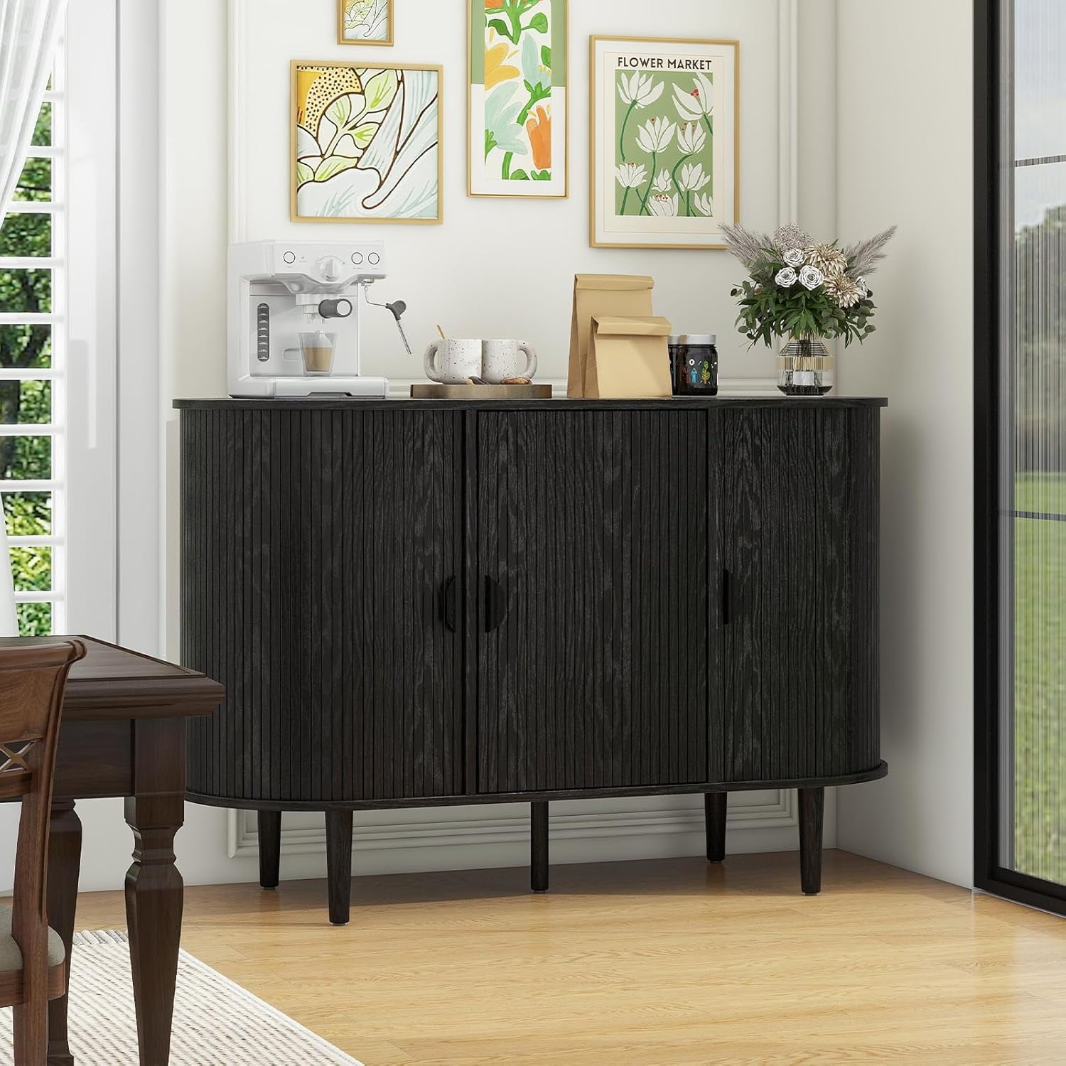 Sideboard Buffet Cabinet with Storage - Fluted Sideboard with Sliding Door, Wooden Console ...