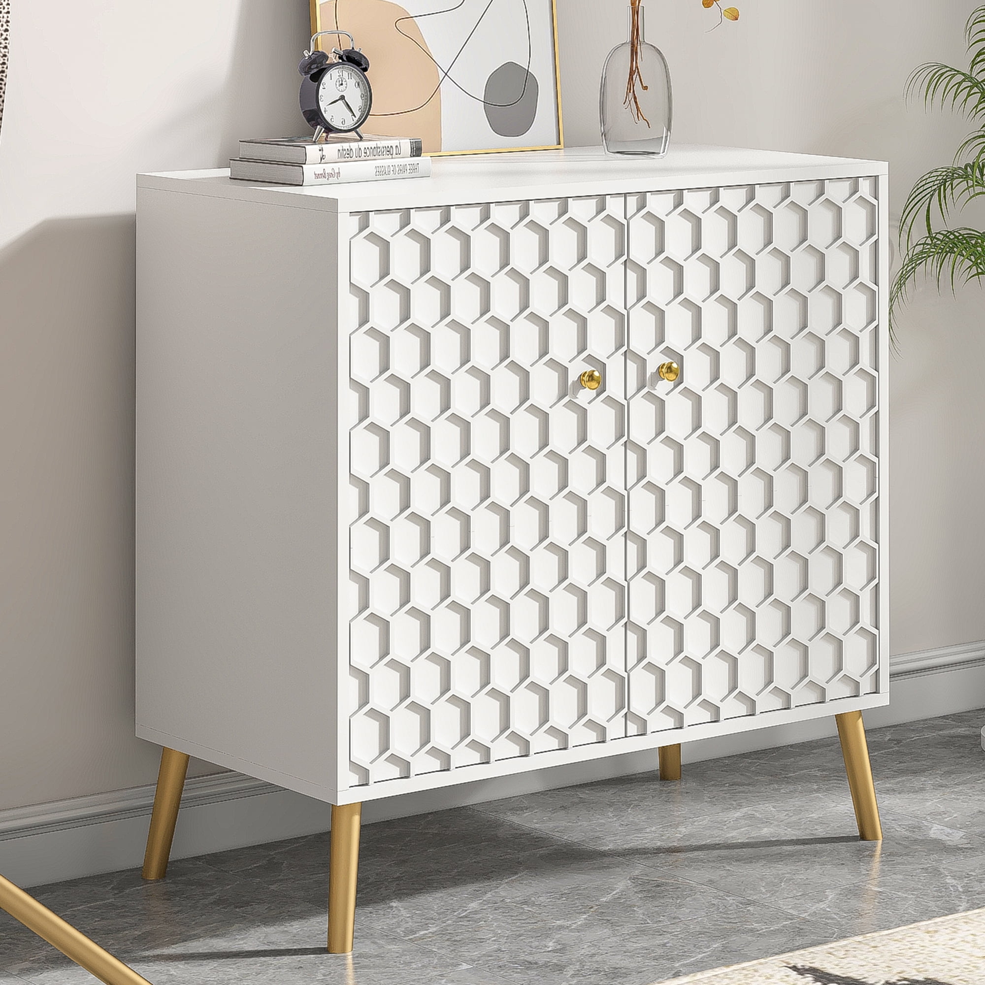 White Accent Cabinet with Doors, Mid Century Modern Sideboard Buffets ...