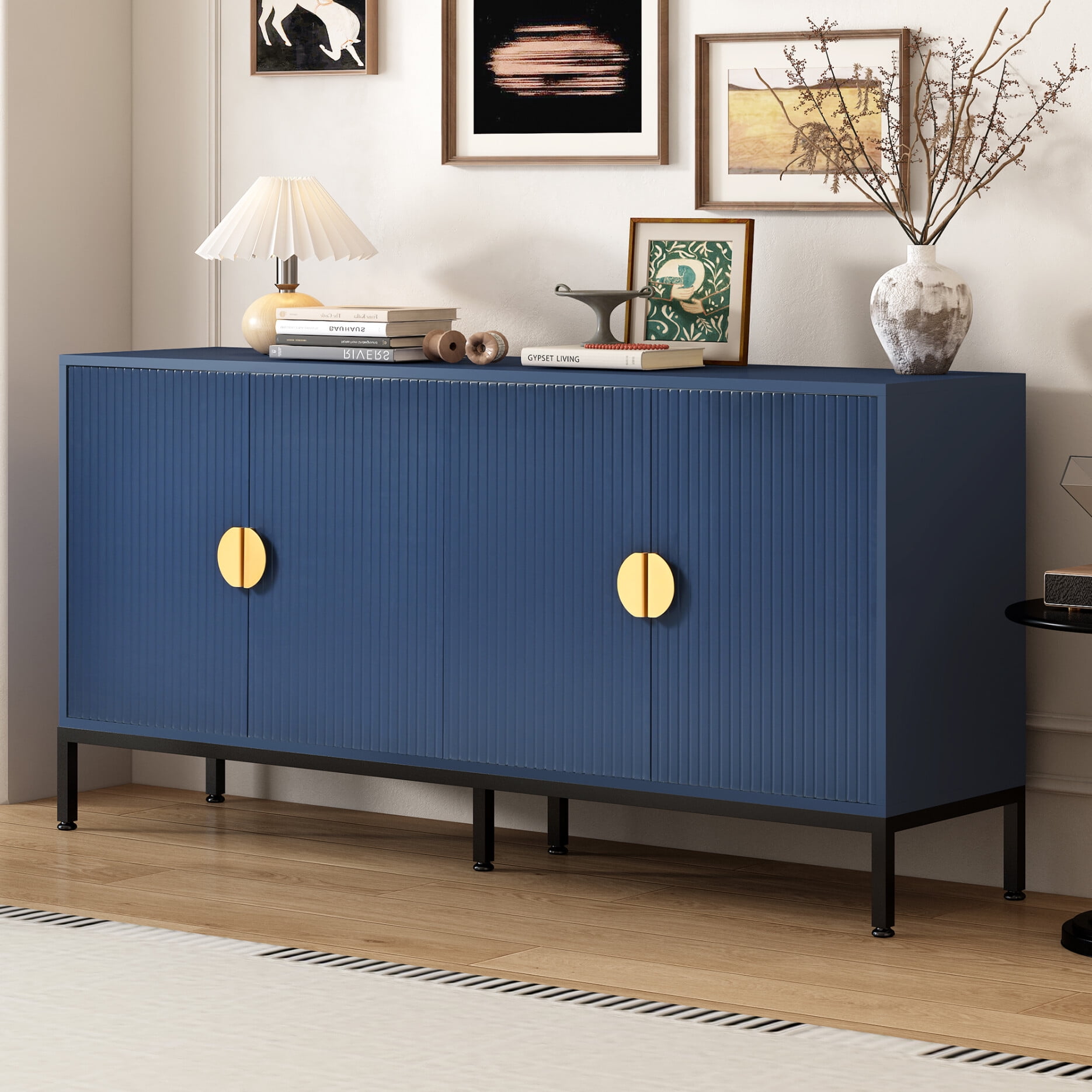 Sideboard Buffet Cabinet, Vertical-Striped 4-Door Sideboard with Metal ...