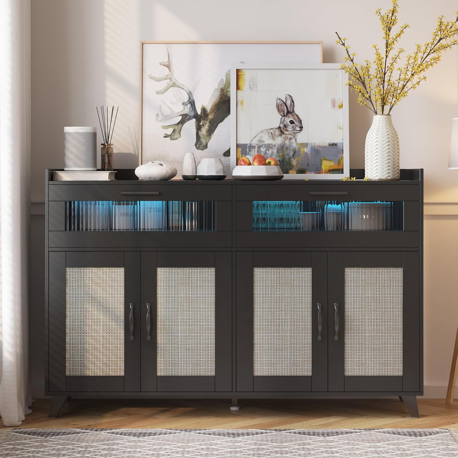 Sideboard Buffet Cabinet With LED Light & Power Outlet, Kitchen Storage ...