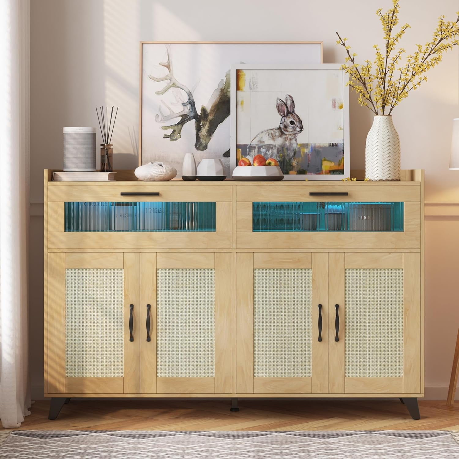 Sideboard Buffet Cabinet With LED Light & Power Outlet, Kitchen Storage Cabinet With 2 Acrylic ...