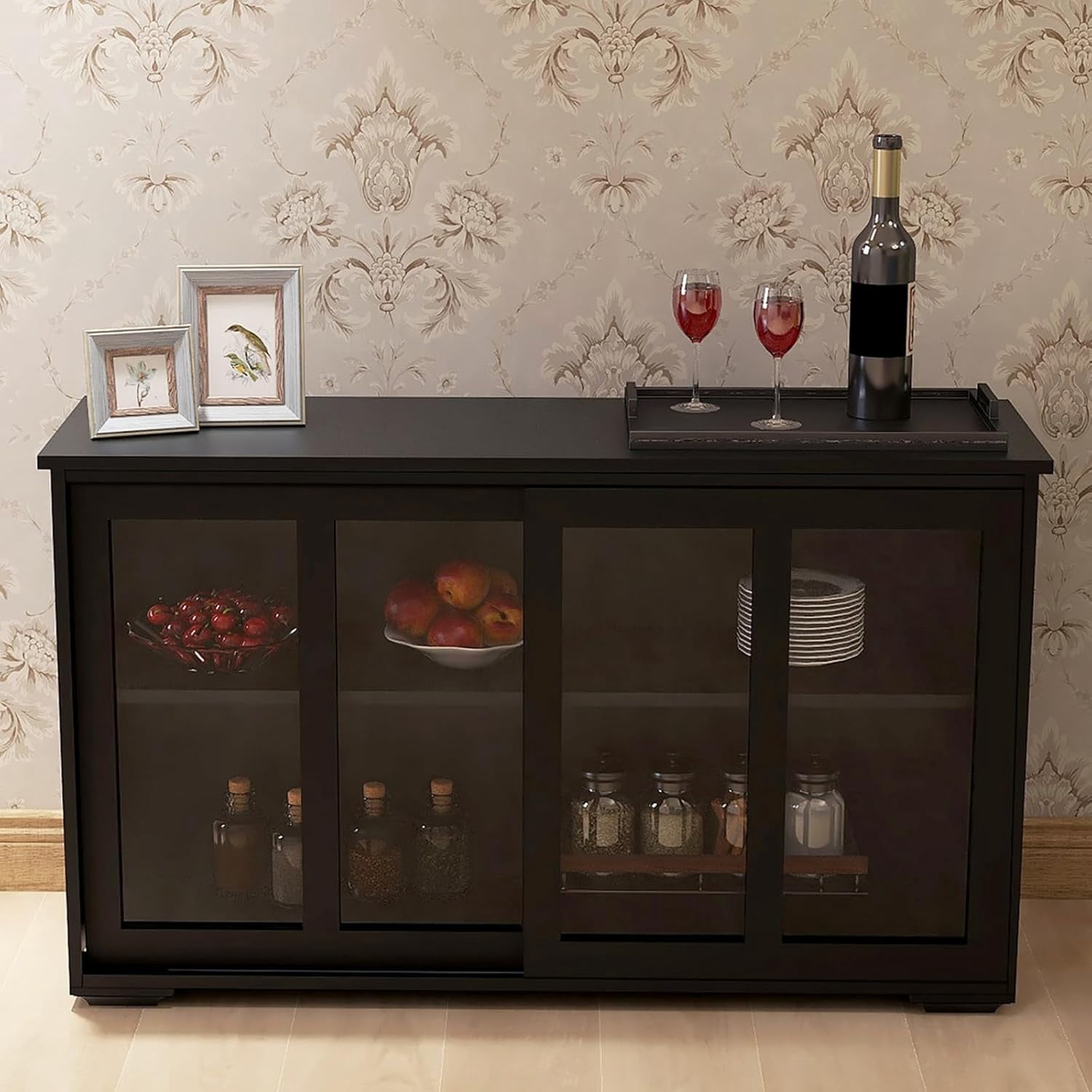 Sideboard Buffet Cabinet, Wooden Kitchen Storage Cabinet with Sliding ...