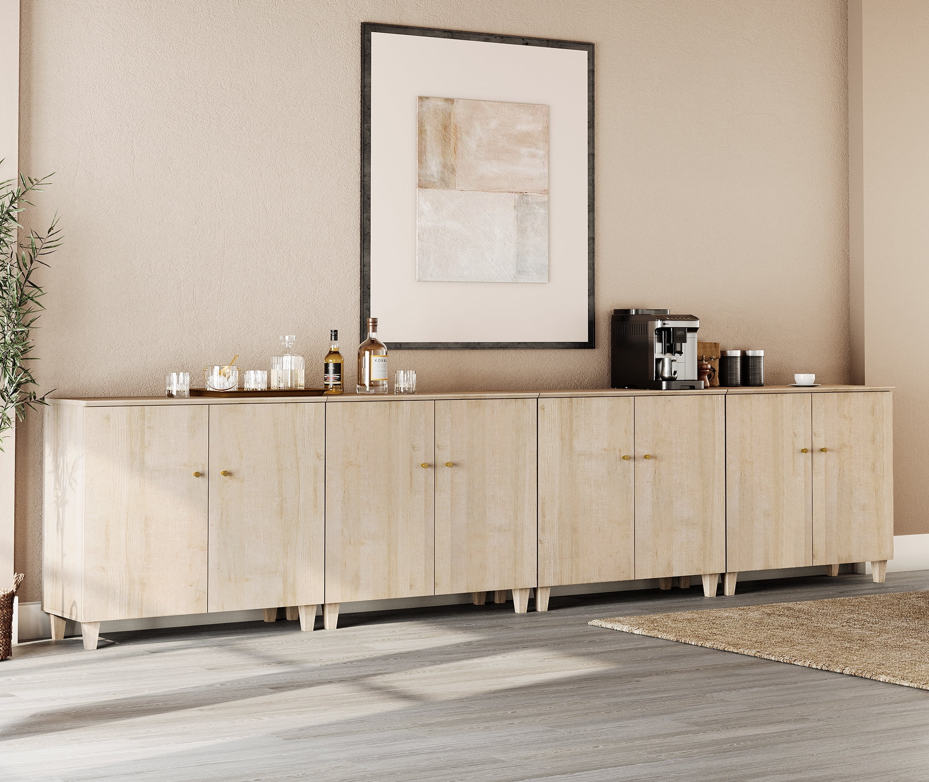 Sideboard Buffet Cabinet with 12 Compartments, 142" Wide, Light Oak ...