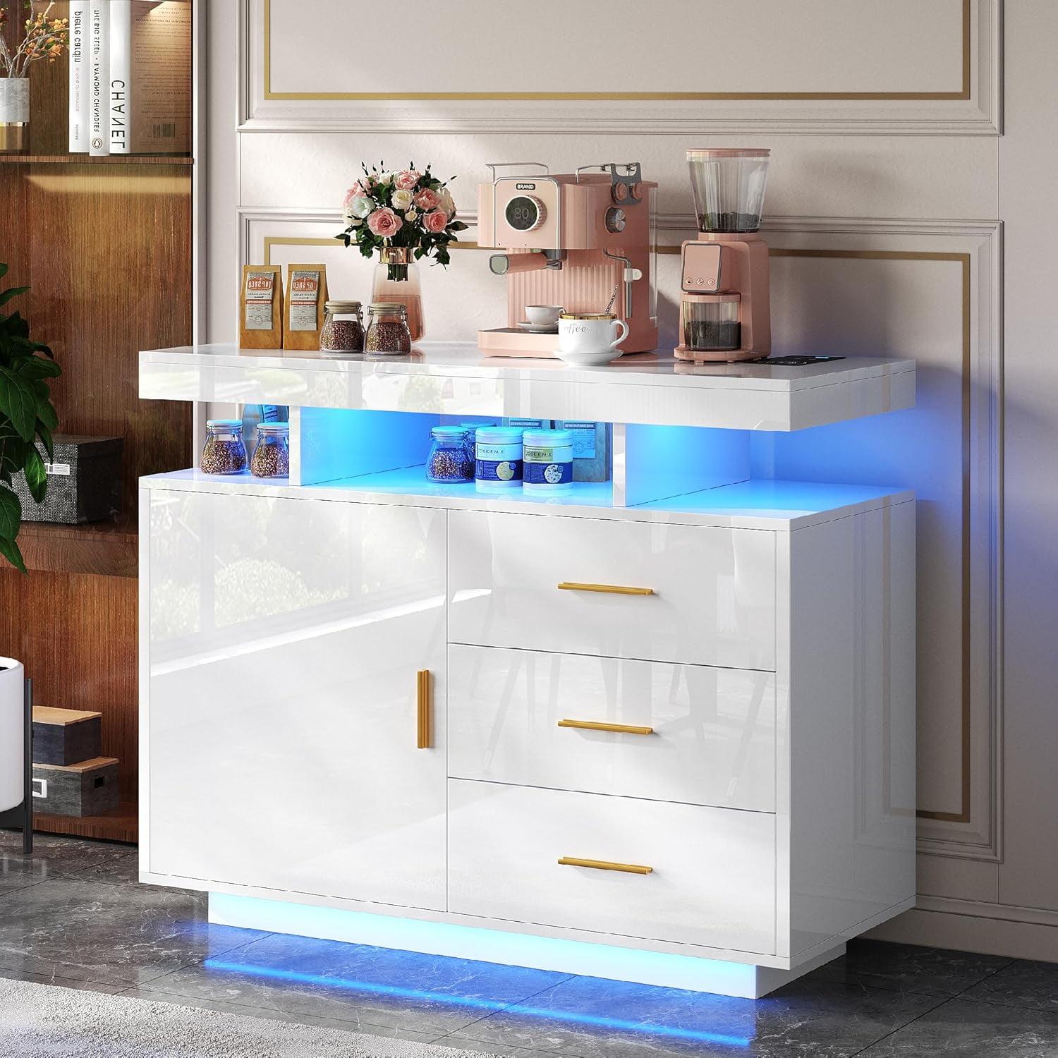 Sideboard Buffet Cabinet with Charging Station Coffee Bar with 3 Color ...