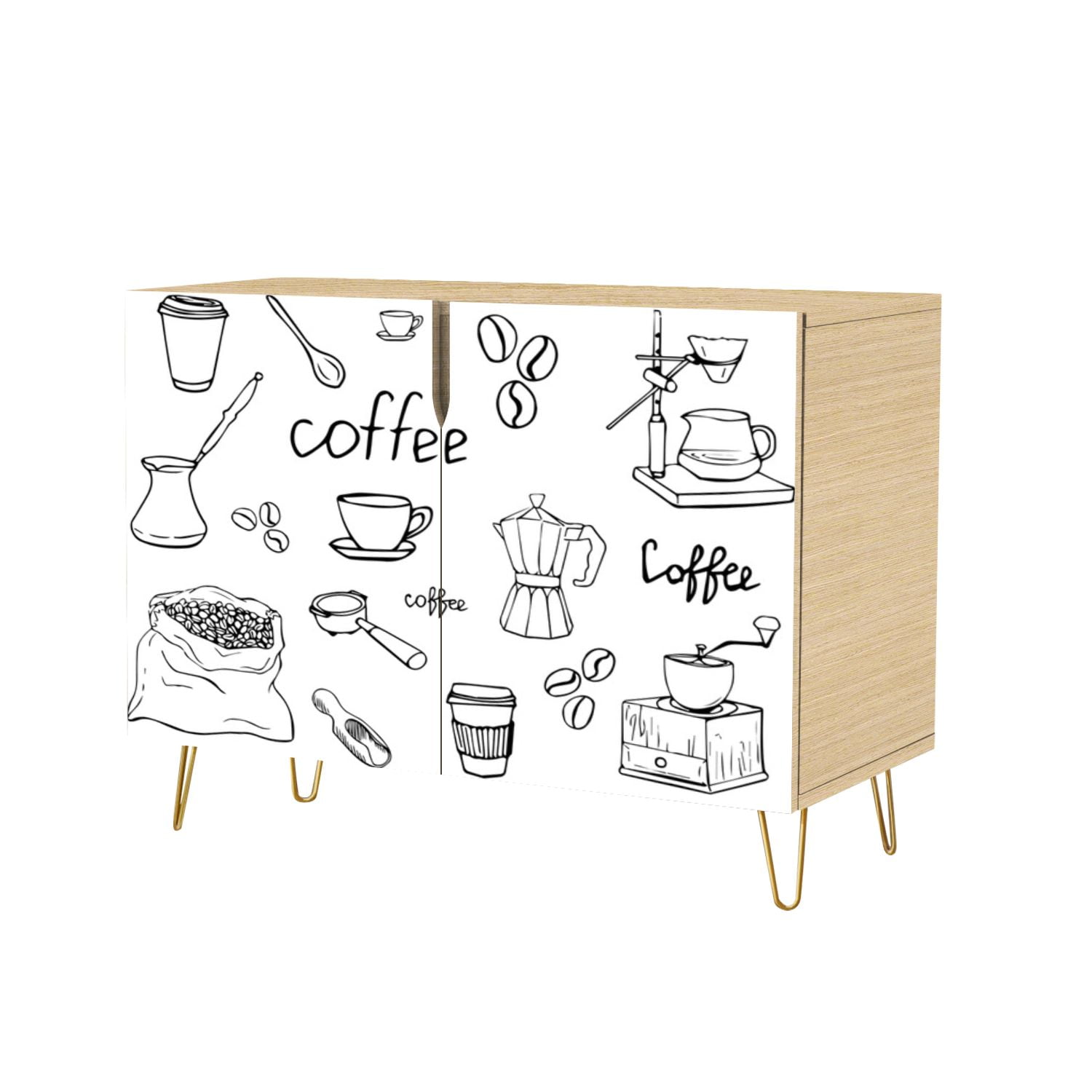 Sideboard Buffet Cabinet with Storage Drawn coffee doodle Caffeine Cafe ...