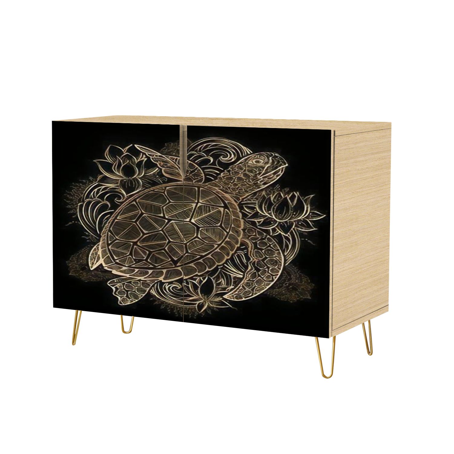 Sideboard Buffet Cabinet with Storage gold hand drawn sea turtle lotus ...