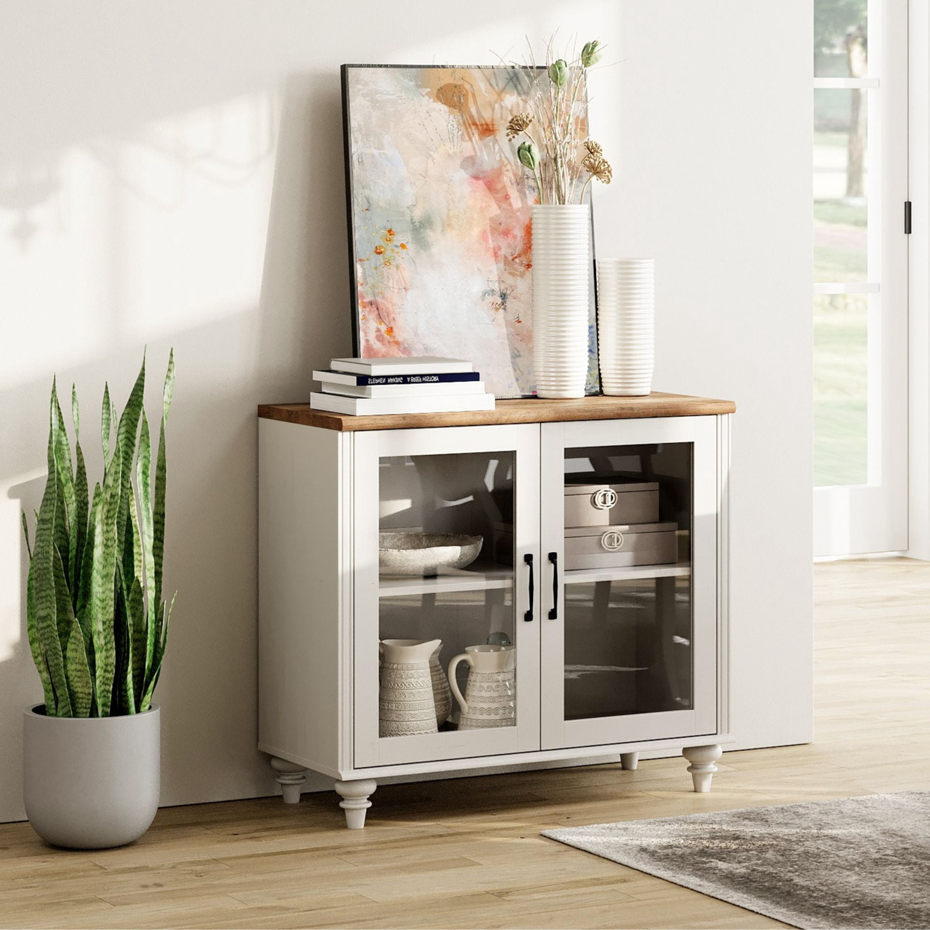 Sideboard Buffet Cabinets with Glass Door & Curved Edge, Wood Coffee ...