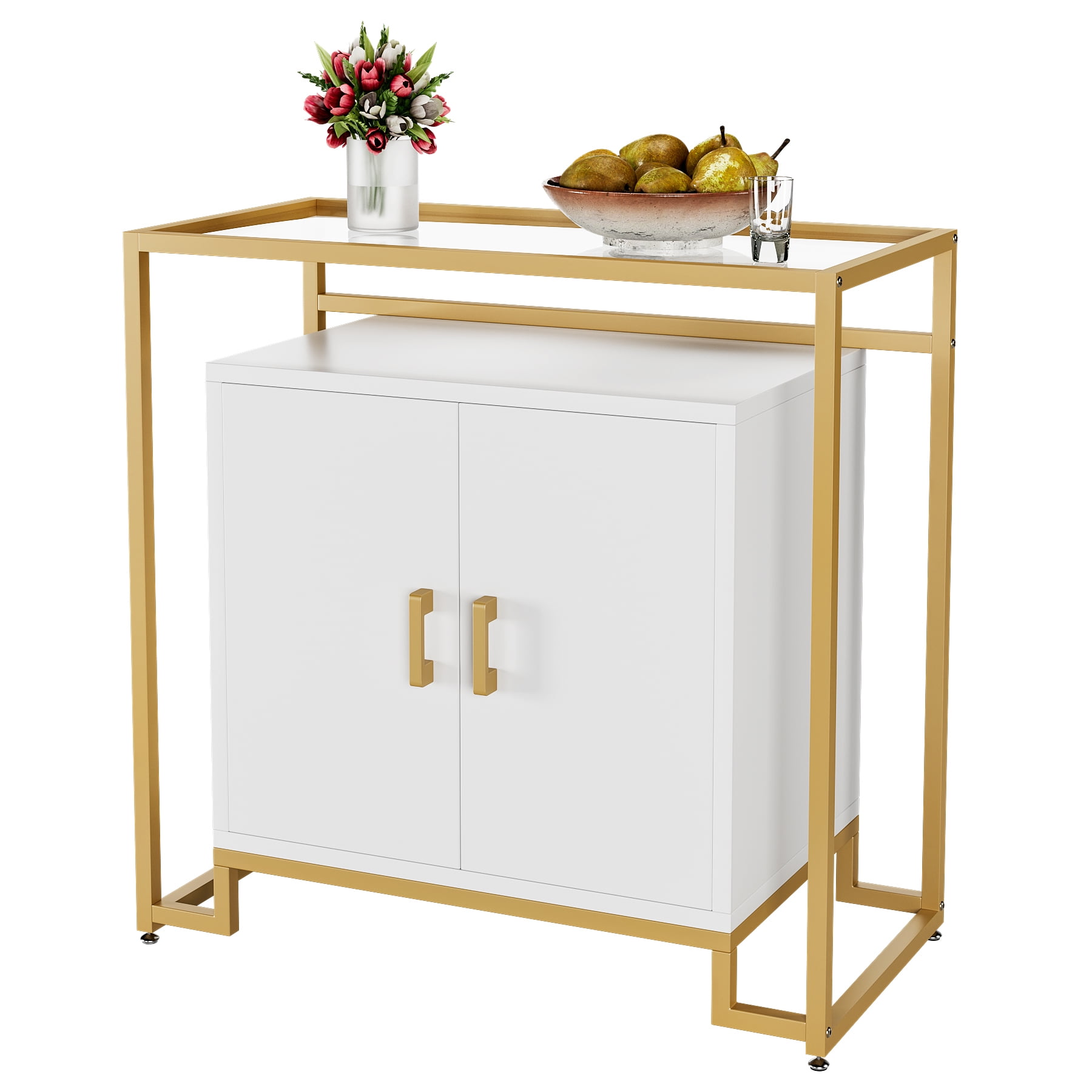 Sideboard Buffet Modern Storage with Steel Frame and Tempered Glass Top ...