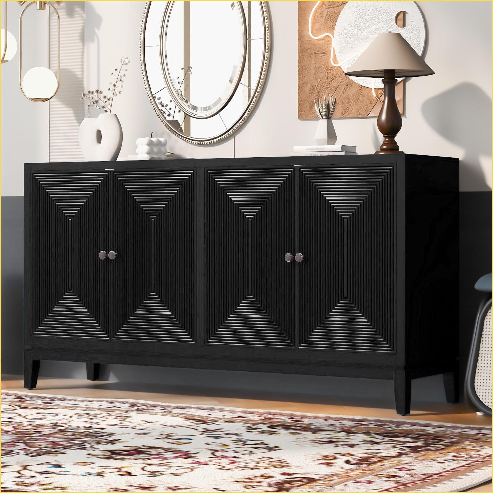 Sideboard Buffet, Modern Vertical Line 4-Door Storage Cabinet | MDF ...
