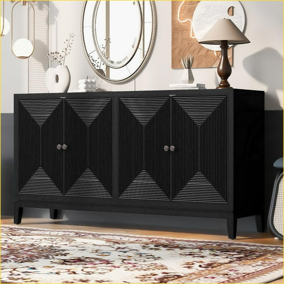 Sideboard Buffet, Modern Vertical Line 4-Door Storage Cabinet | MDF ...