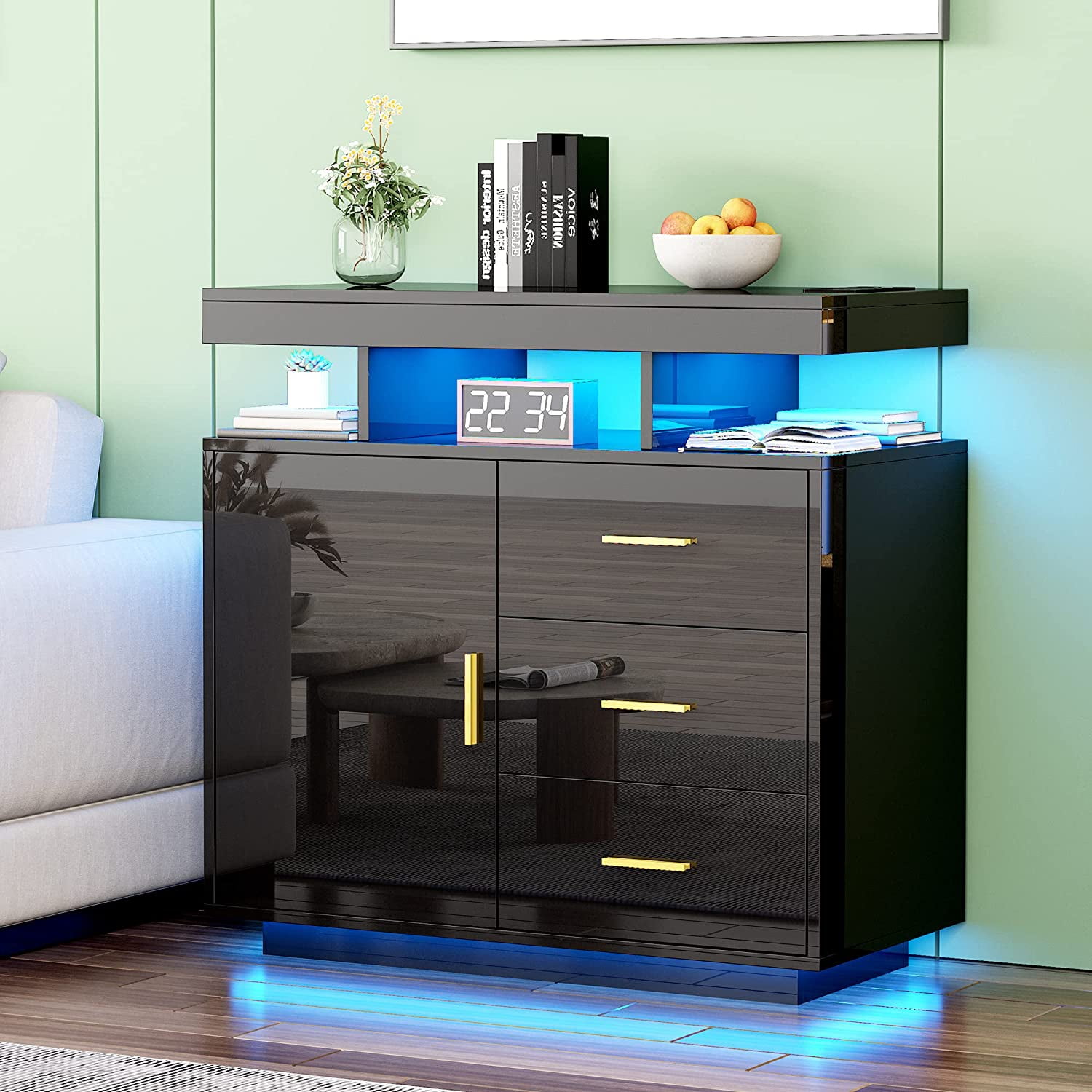 Sideboard Buffet Storage Cabinet with LED Lights & Wireless Charging ...