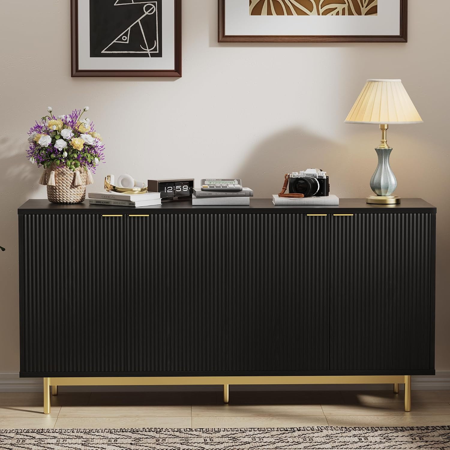 Sideboard Cabinet with Storage, 58" Wooden Console Table with 4 Fluted ...