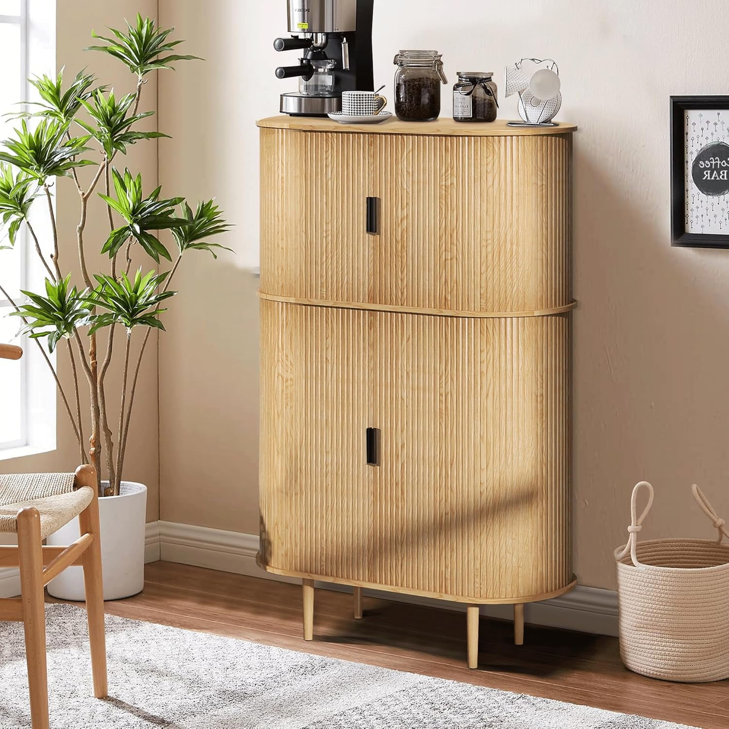 Sideboard Cabinet with Storage,Fluted Storage Buffet Cabinet with Curvy Edge & Sliding Door ...