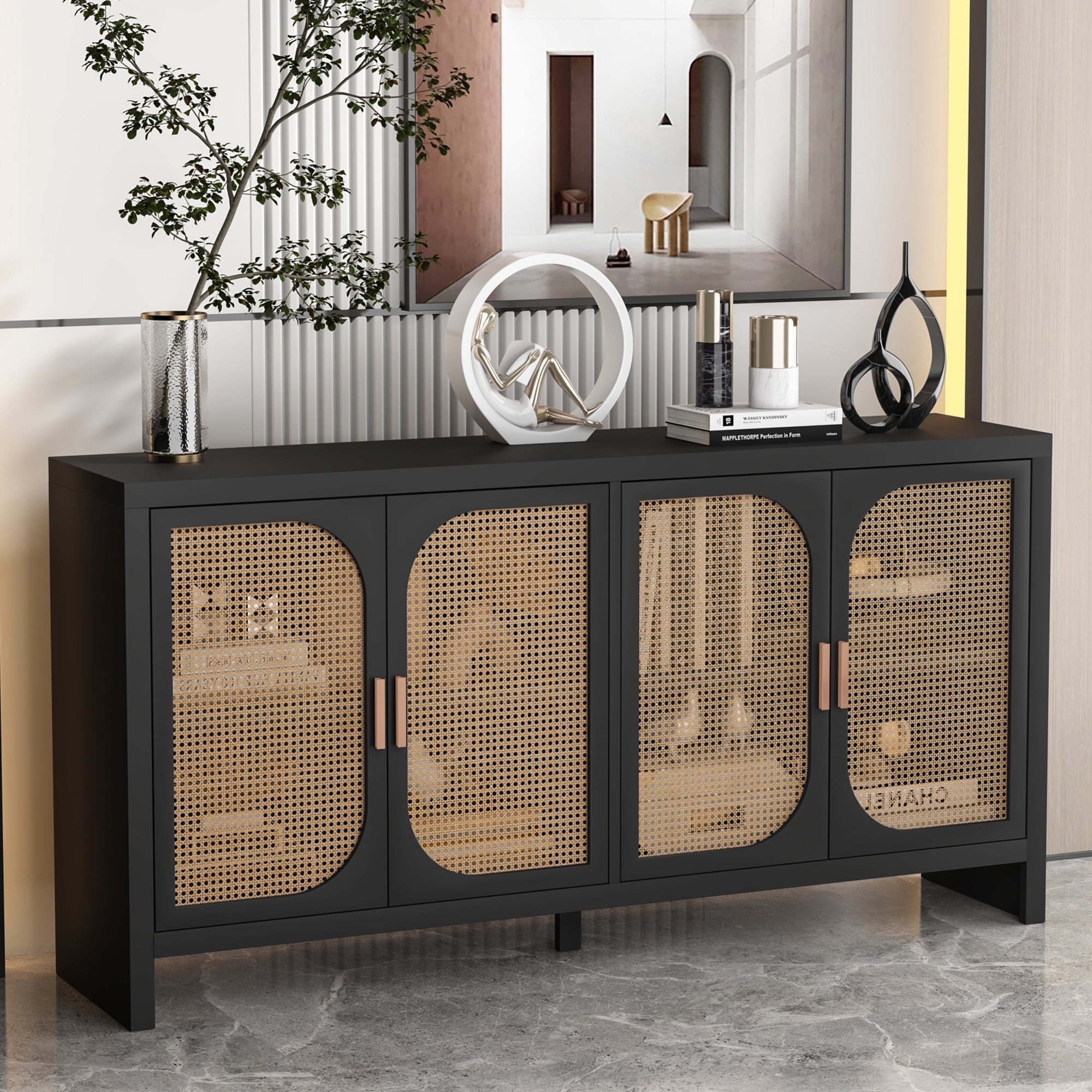 Natural Rattan Cabinet with Metal Handle, Adjustable Shelf, 4-Door ...