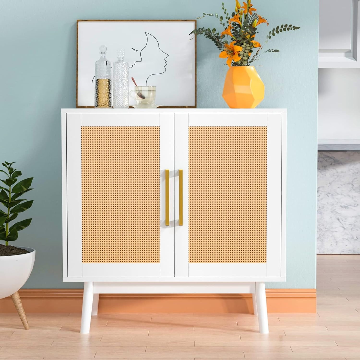 Sideboard Cabinet with Rattan Doors and Adjustable Shelves Rattan ...