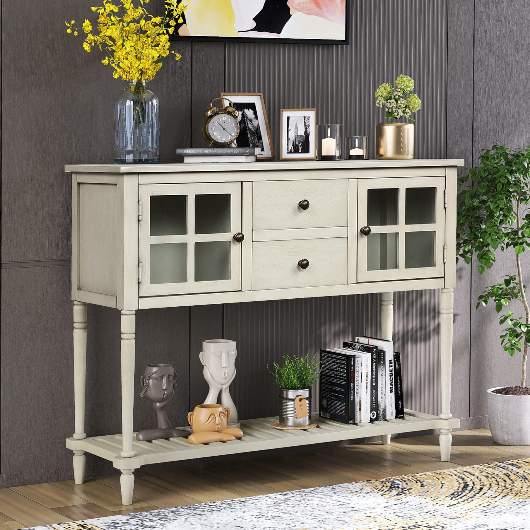 Sideboard Console Table with Drawers , Farmhouse Wood/Glass Buffet ...