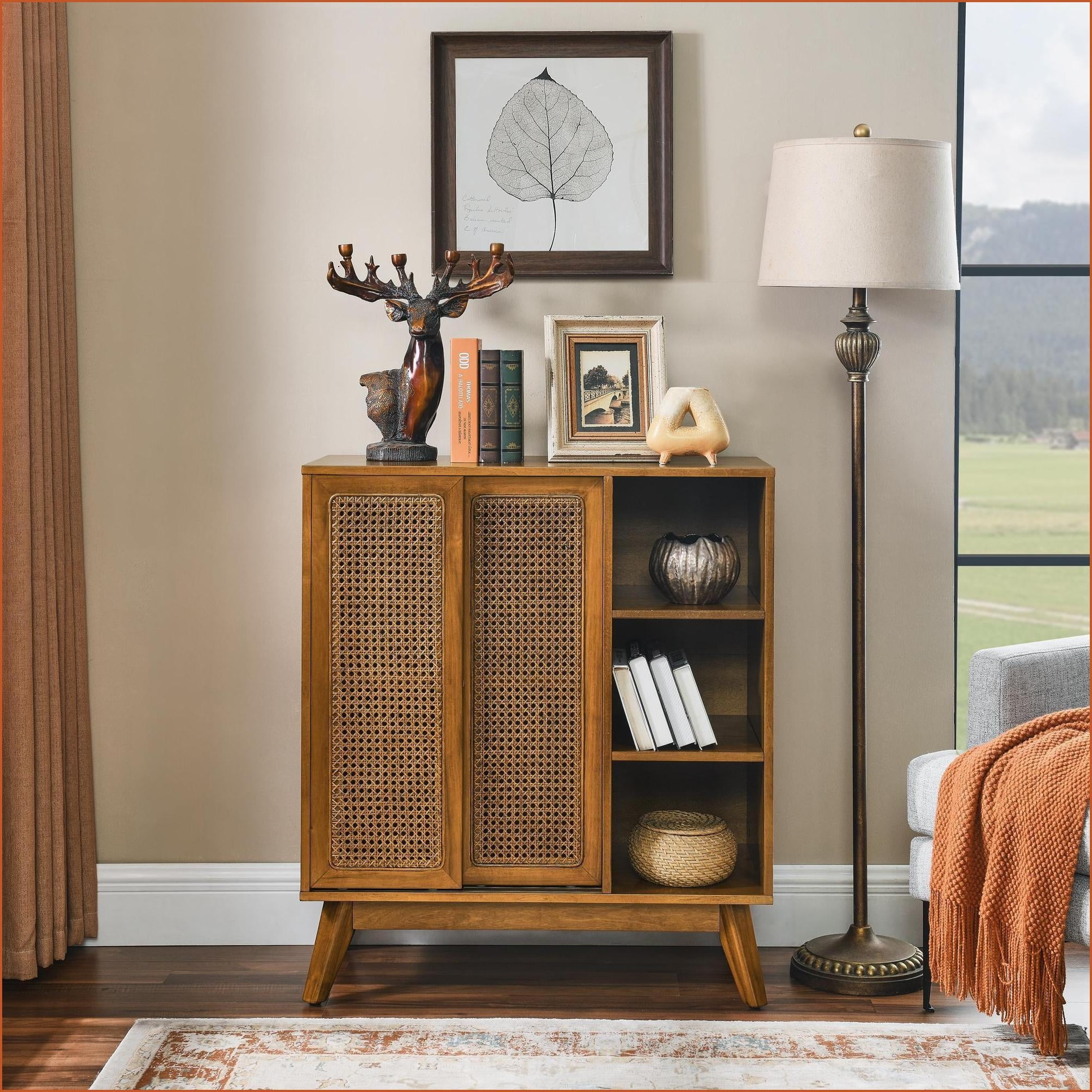 Sideboard, Mid Century Modern Rattan Cabinet with Adjustable Shelves ...