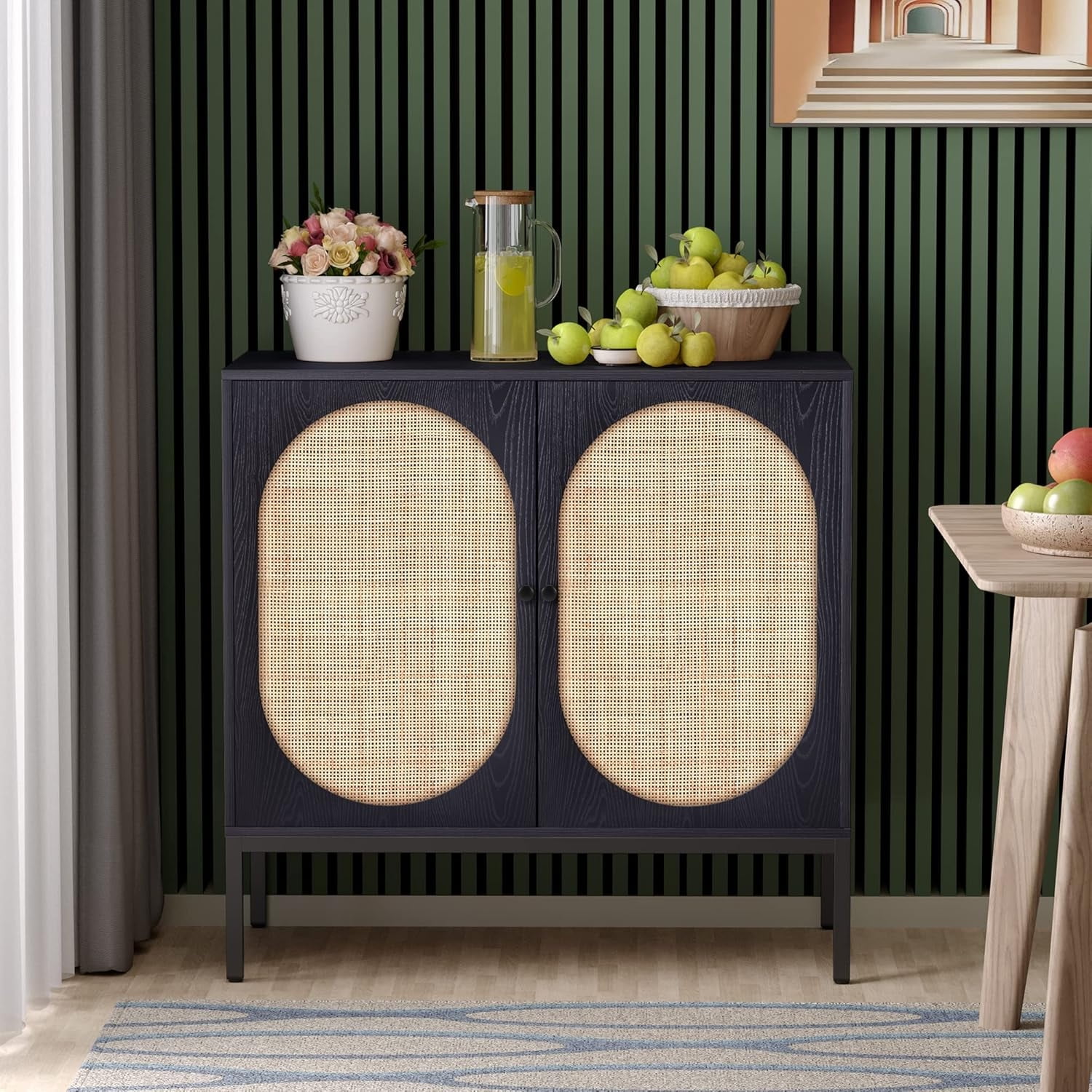 Sideboard Storage Cabinet with 3 Handmade Natural Rattan Doors Black ...