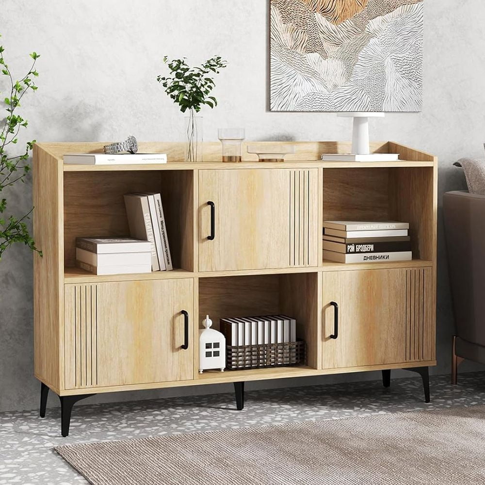 Sideboard Storage Cabinet Bookcase with 3 Doors and Open Compartments ...