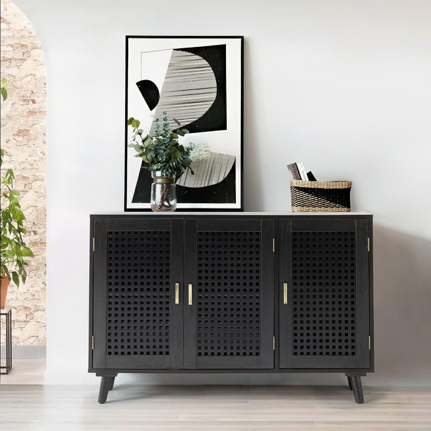 Sideboard Storage Cabinet With 3 Lattice Doors & 2 Shelves, Kitchen ...