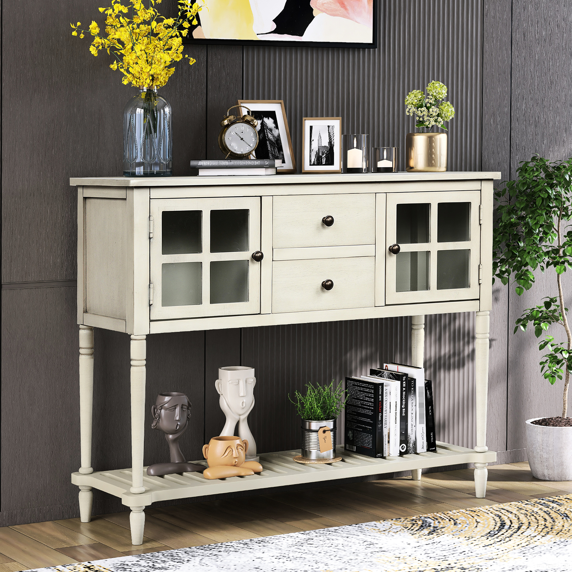 Sideboard With Open Table Top And Cabinet - Gray Shelf Glass Doors ...