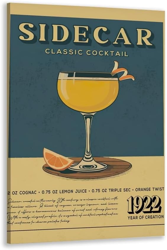 Sidecar Poster Vintage Cocktail Posters Classic Cocktail Bar Cart Wall ...