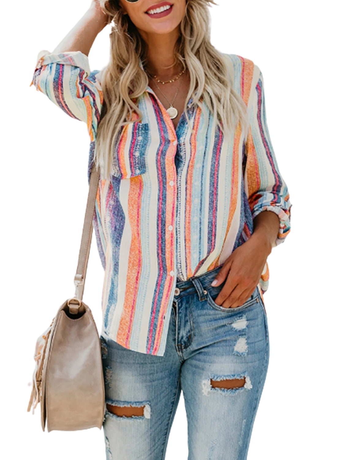 Sidefeel Buttoned Blouse Tops for Womens Relaxed Fit Striped Shirts ...