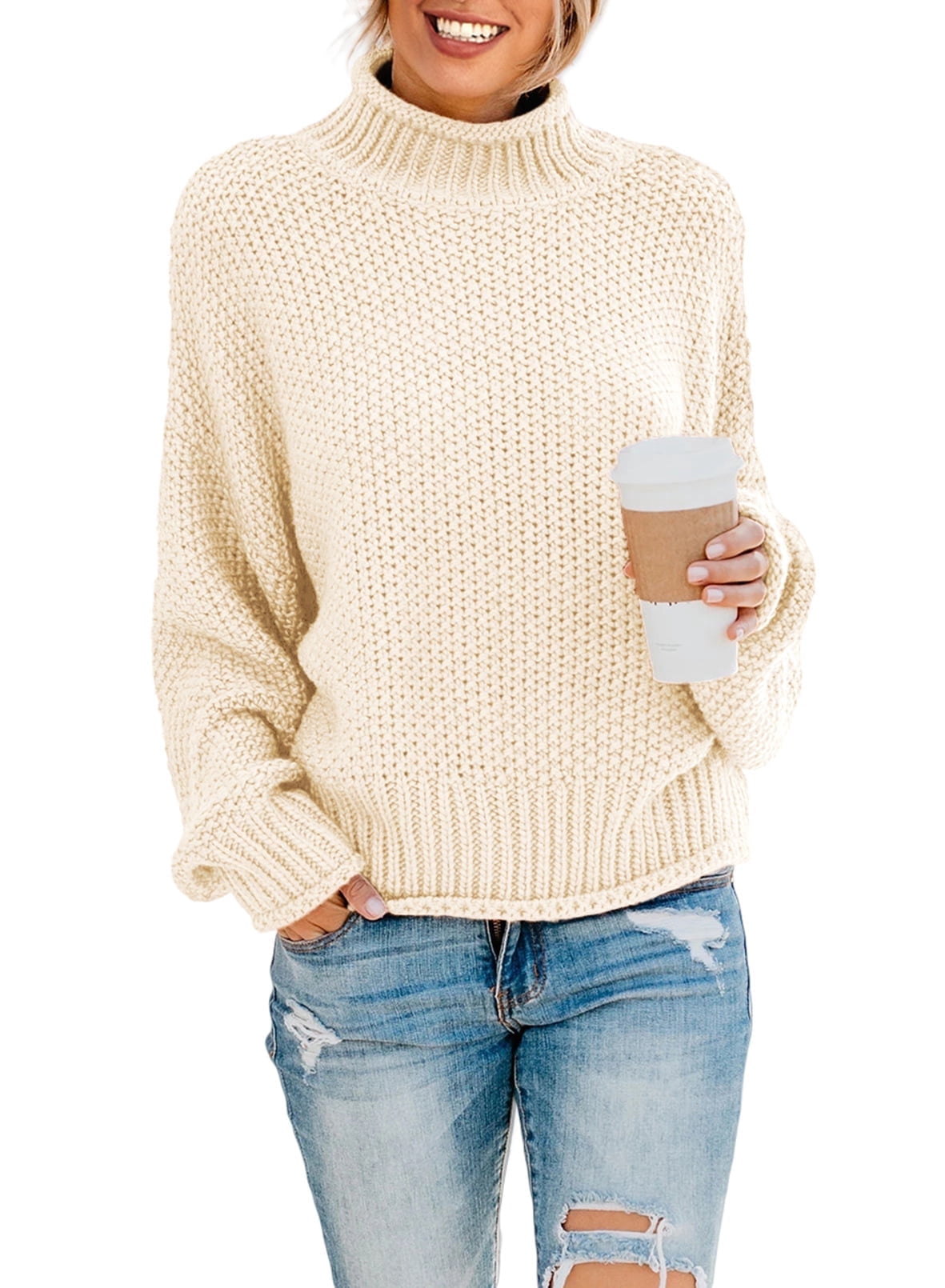 Sidefeel Women's Chunky Knit Long Sleeve Pullover Shirts Sweater Loose ...