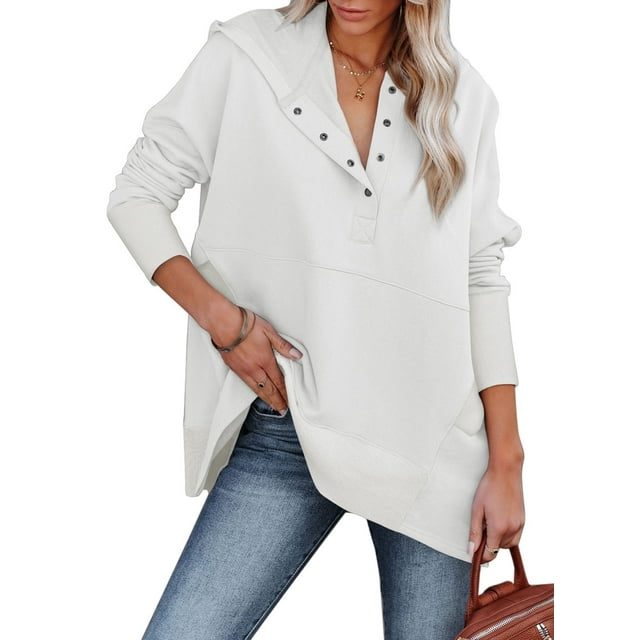 Sidefeel Women's Casual Long Sleeve Button Up Hooded Tops, Fashion V ...