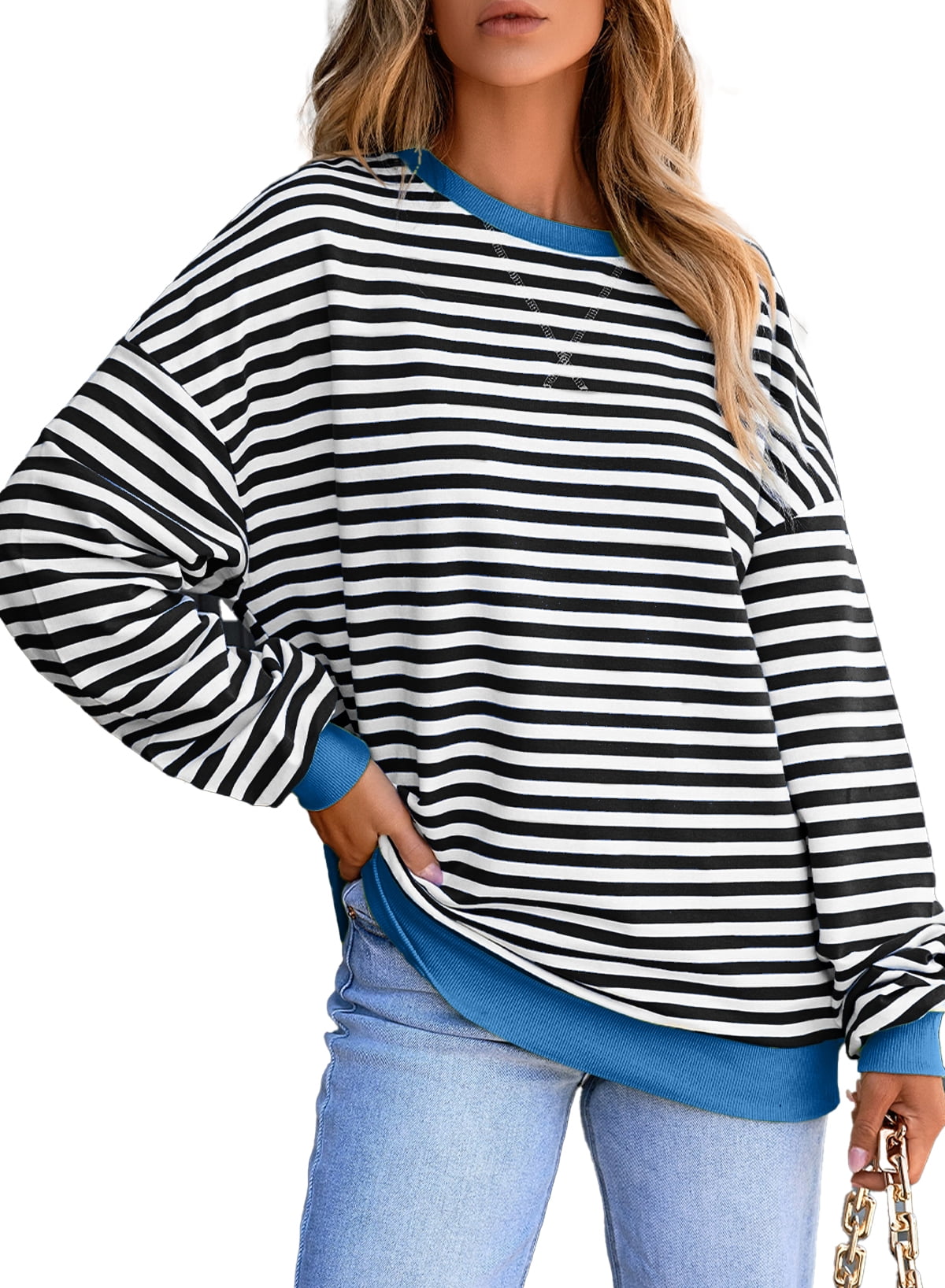 DOKOTOO Women Sweatshirt Long Sleeve Crewneck Striped Tunic Pullover ...