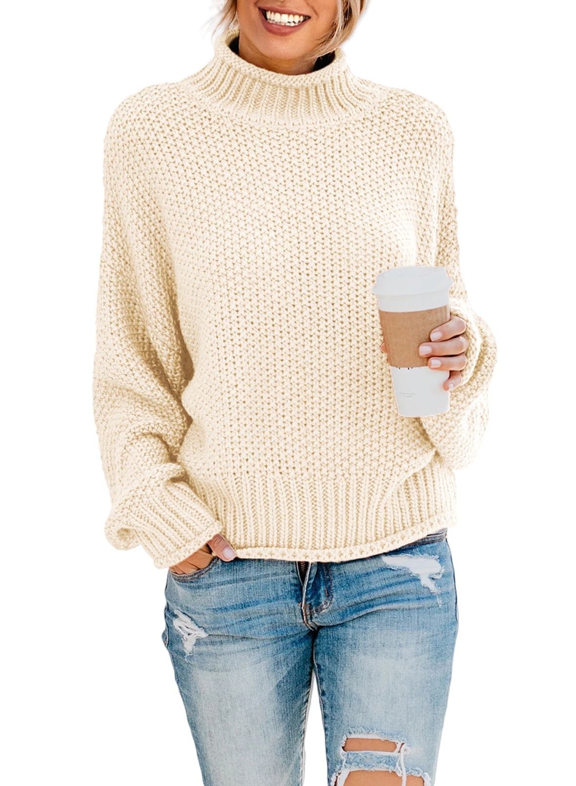 Sidefeel Womens Turtle Neck Solid Color Soft Comfy Cable Knit Pullover ...