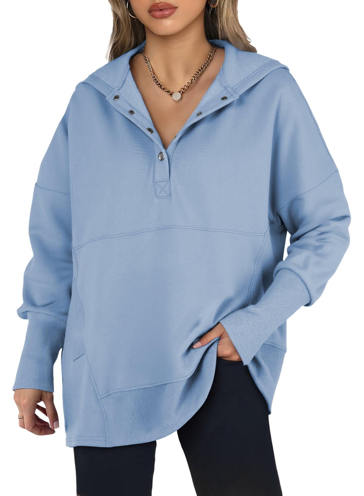 Sidefeel Womens Hoodie: V Neck Button Down, Loose Long Sleeve, Ribbed ...