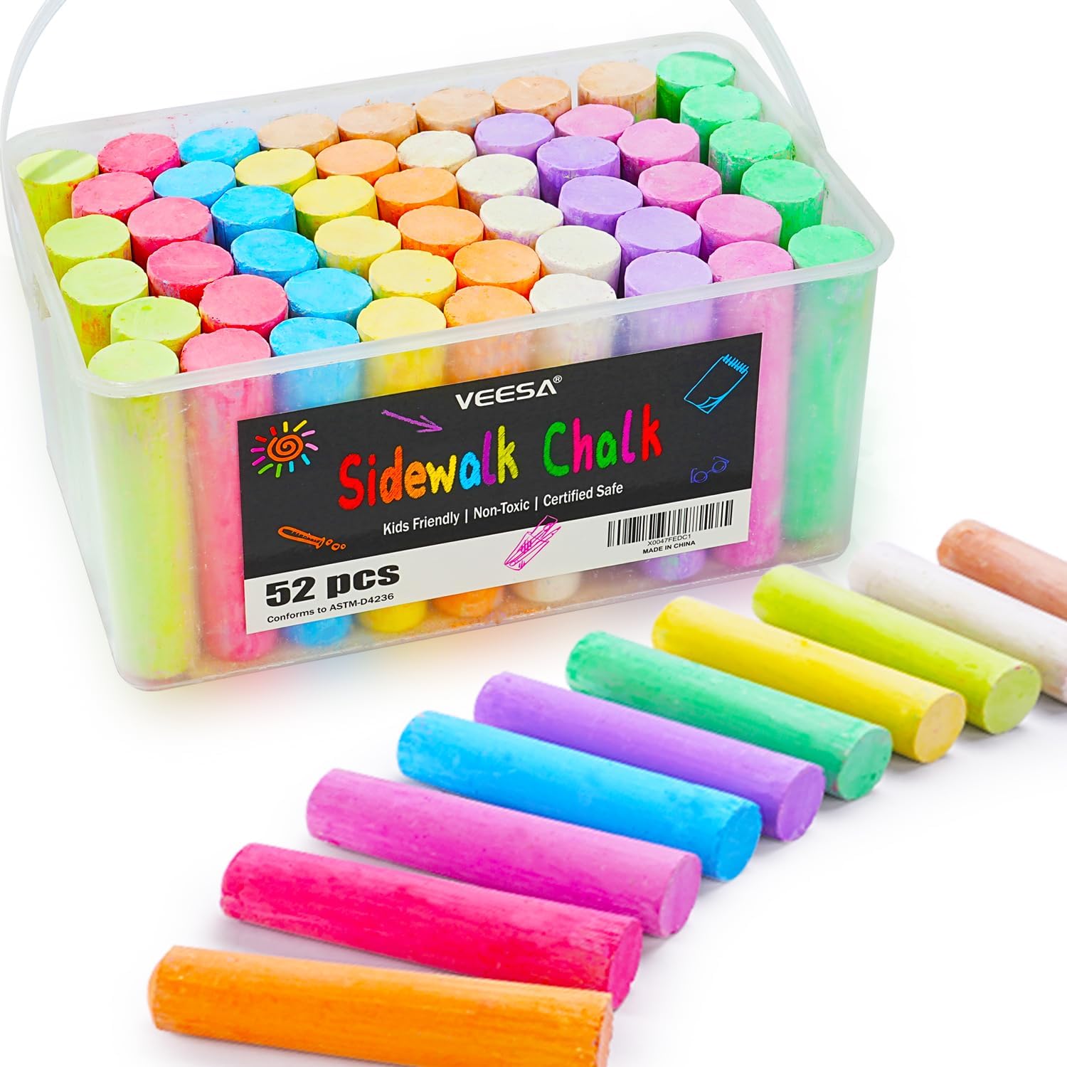 Sidewalk Chalk 52 PCS, Washable & Non-Toxic, 10 Colors Jumbo Bulk for ...