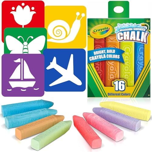 Sidewalk Chalk for Kids 16 Count with 5 Sidewalk Stencils, Non Toxic ...