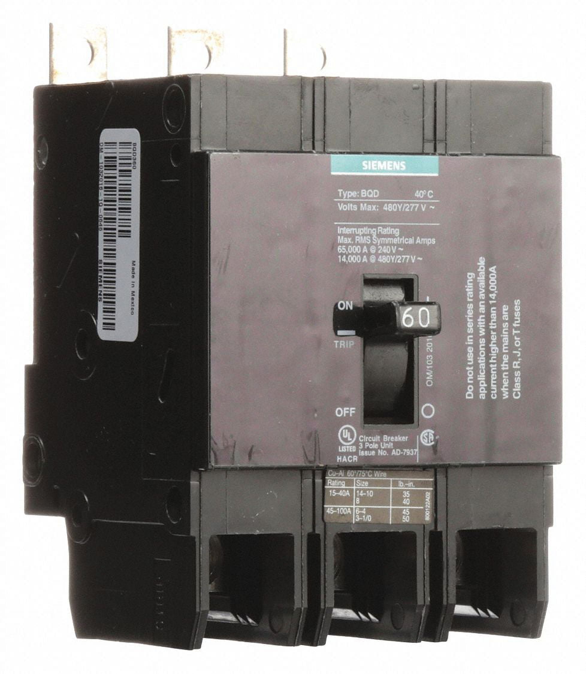 Siemens BQD360 Circuit Breaker, BQD-Series, 3-Pole, 480Y/277-Volt, 14kA ...