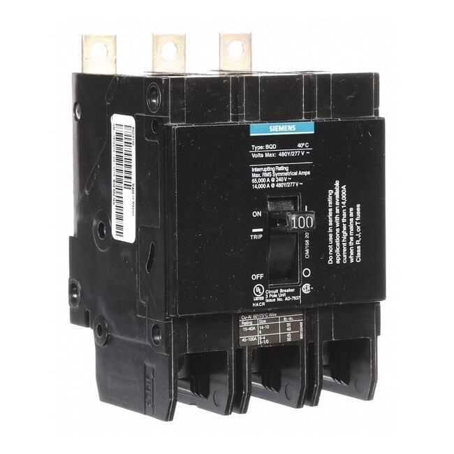 Miniature Circuit Breaker, BQD Series, 100A, 3 Pole, 480V AC, 14kA at ...