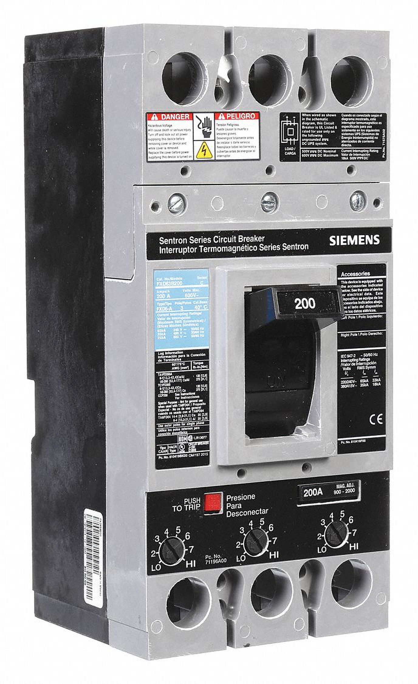 Siemens Circuit Breaker,200A,3P,600VAC,FXD6-A FXD63B200 - Walmart.com