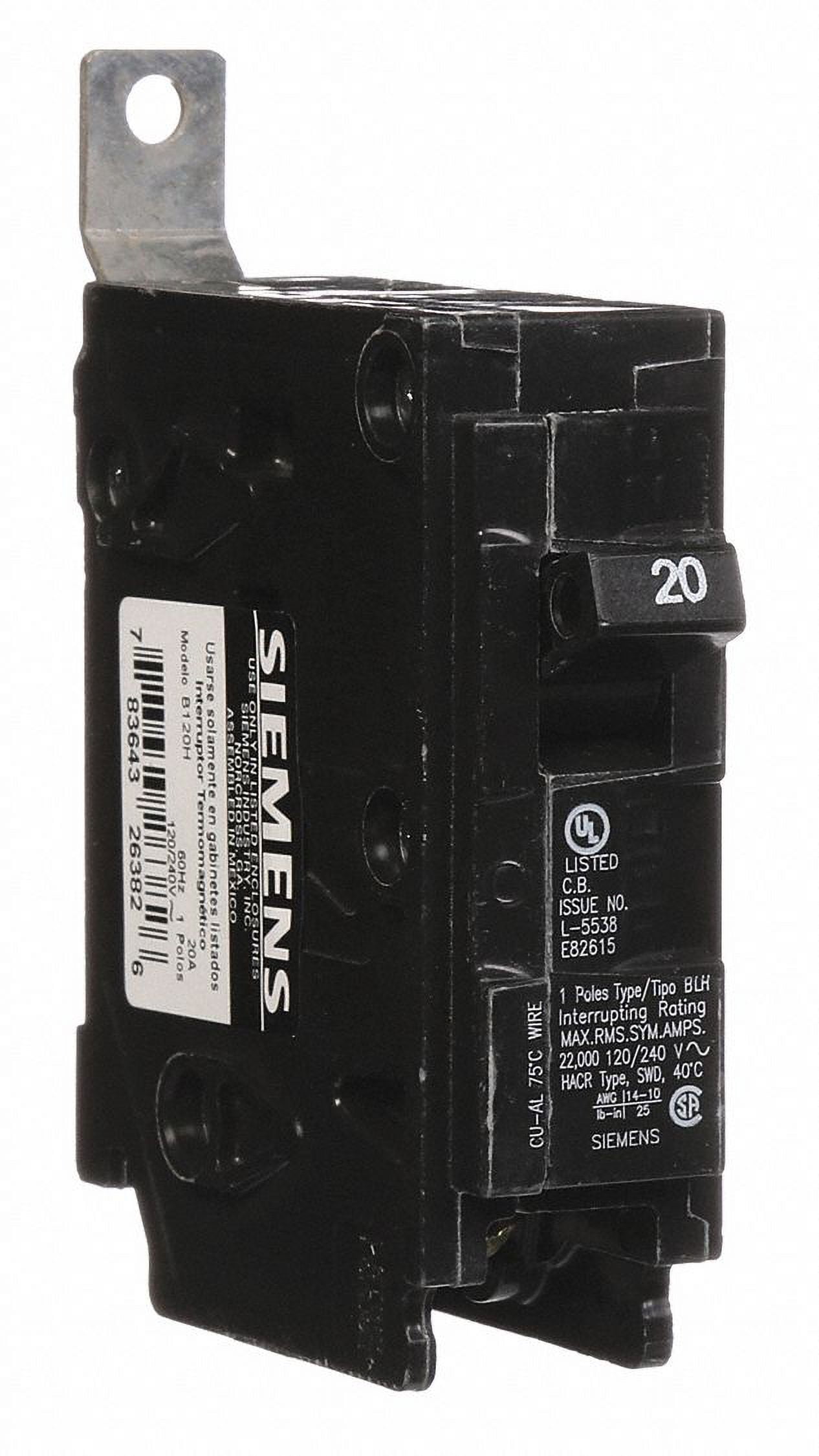Siemens Circuit Breaker,20A,Bolt On,120/240V,1P B120H - Walmart.com