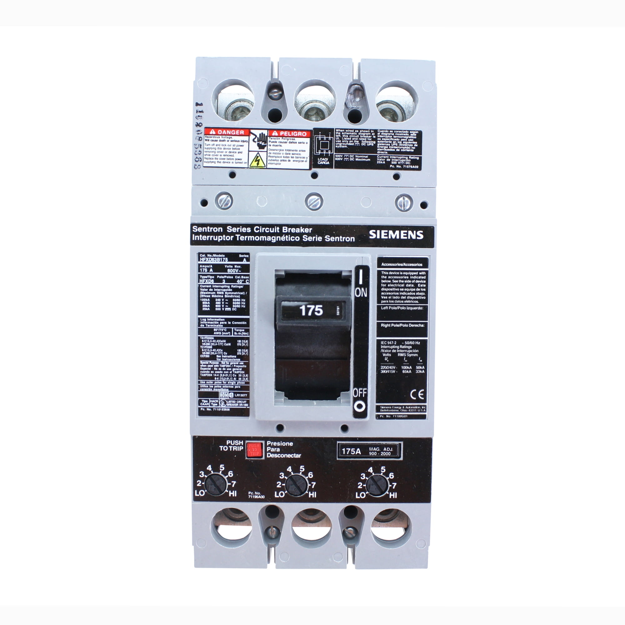 Siemens HFXD63B175L Type HFXD6 3 Pole 175A 600V Circuit Breaker ...