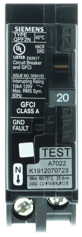 Siemens QF120AN 20 Amp 1-Pole GFCI Plug-On Neutral Circuit Breaker ...