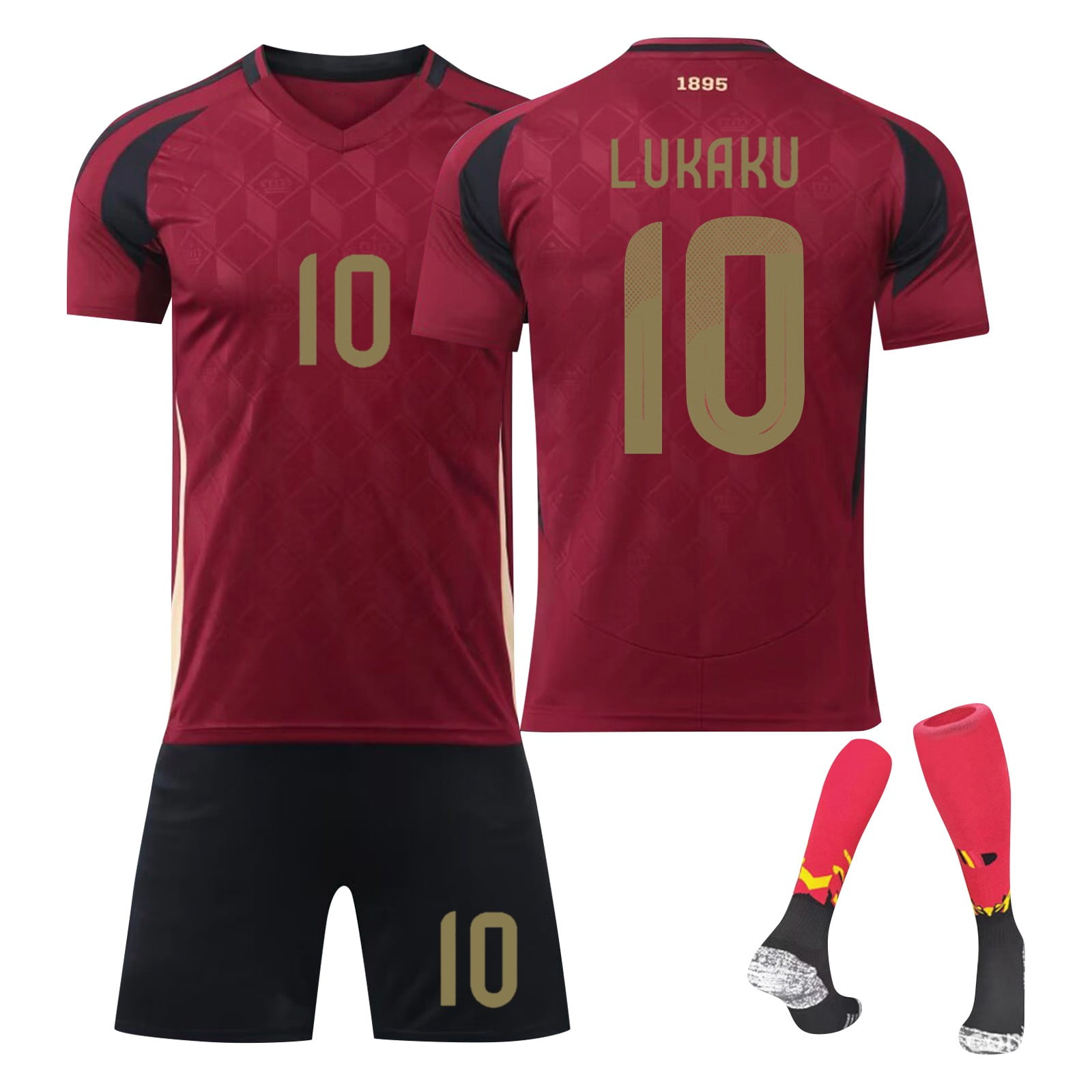 Sien 2425 Belgium National Team Home Game Deep Red with Black Soccer Jersey, #10 LUKAKU Short ...