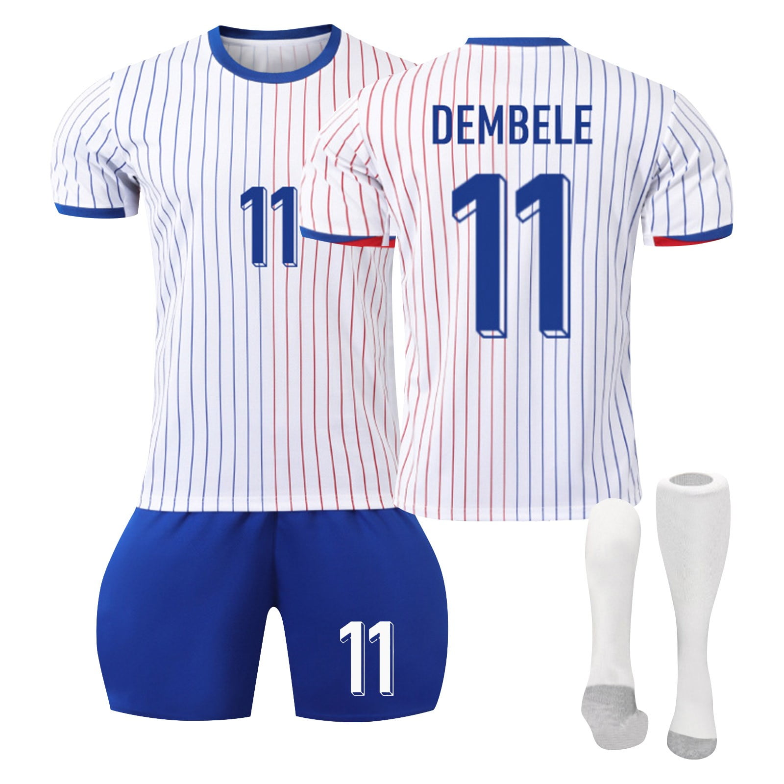 Sien 2425 French National Team Away Game Red and Blue Stripes Soccer Jersey, #11 DEMBELE Short ...
