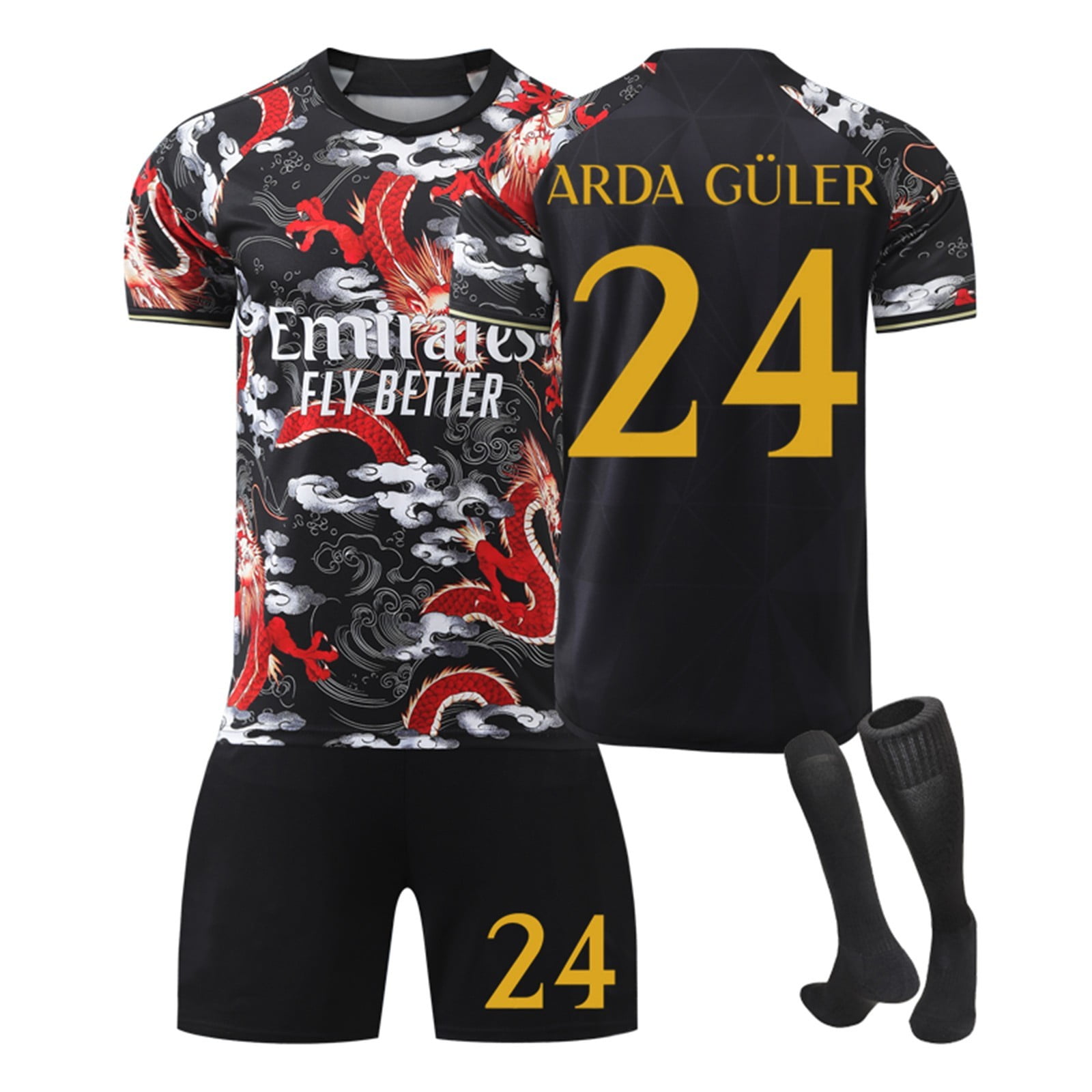 Sien 2425 Soccer Team Black Soccer Jersey, #24 ARDA GULER Red Dragon Pattern Soccer Jersey 3 ...