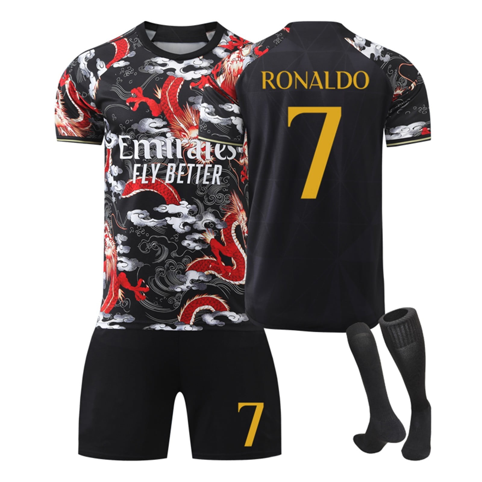 Sien 2425 Soccer Team Black Soccer Jersey, #7 RONALDO Red Dragon Pattern Soccer Jersey 3 Piece ...