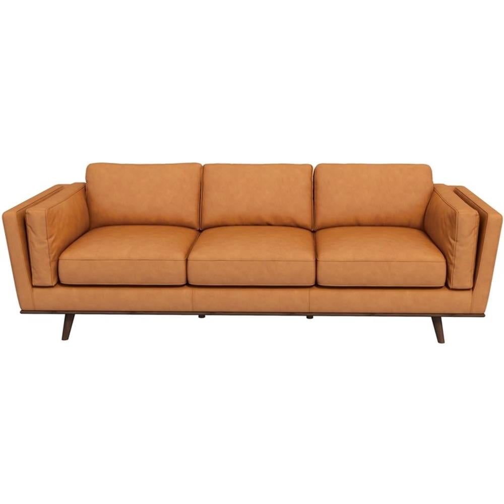 Sienna Mid-Century Cushion Back Genuine Leather Upholstered Sofa in Tan ...